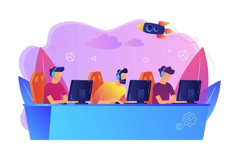 컴퓨터 Playinng 비디오 게임에서 테이블에 헤드셋과 전문 게이머 팀 E 스포츠 팀 게이머 그룹 프로 게이머 팀 개념 무료 벡터
