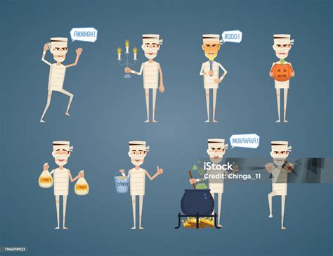 다른 상황에서 포즈 할로윈 미 라 캐릭터의 집합입니다 쾌활 한 엄마 들고 사탕 가방 양동이 손전등 촛대 호박 무서운 사탕주면 안 잡아먹지에 대한 스톡 벡터 아트 및 기타