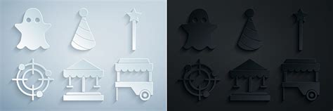 세트 어트랙션 회전 목마 매직 지팡이 촬영 경쟁을위한 대상 스포츠 차양 파티 모자와 유령 아이콘패스트 스트리트 푸드 카트 벡터 3차원 형태에 대한 스톡 벡터 아트 및 기타