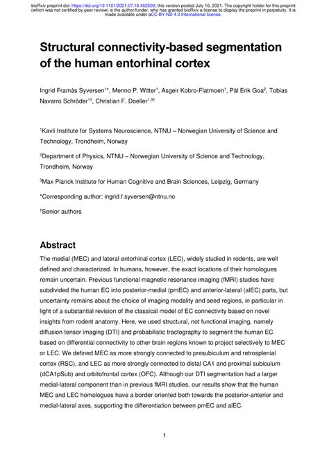 Pdf Structural Connectivity Based Segmentation Of The Human Entorhinal Cortex