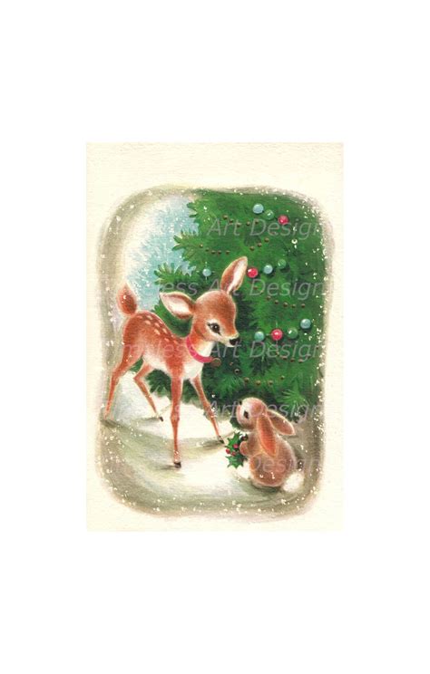 Digital Download Image Cute Deer Fawn With Bunny Rabbit Christmas