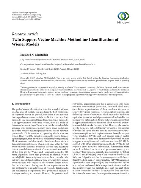 Pdf Twin Support Vector Machine Method For Identification Of Wiener Models