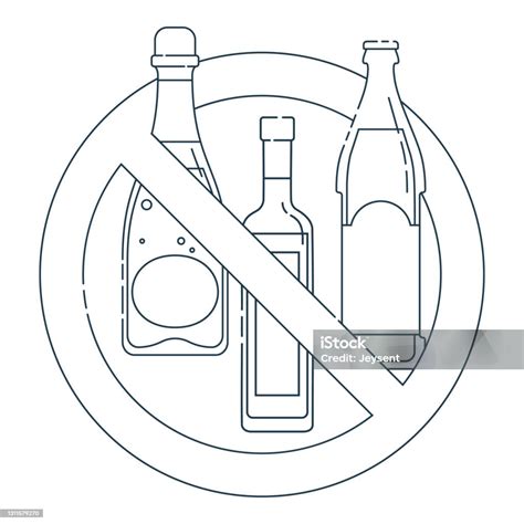 금지 알코올 표지판 금지 병 샴페인 맥주 보드카 알코올 음료 그룹 교차 원에서 병의 흑백 그림 인터디트 음료 플랫 라인 아트 스타일 0명에 대한 스톡 벡터 아트 및 기타
