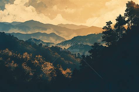 깊은 산과 푸른 식물이 어우러진 아름다운 풍경 일러스트 무료 다운로드 Lovepik