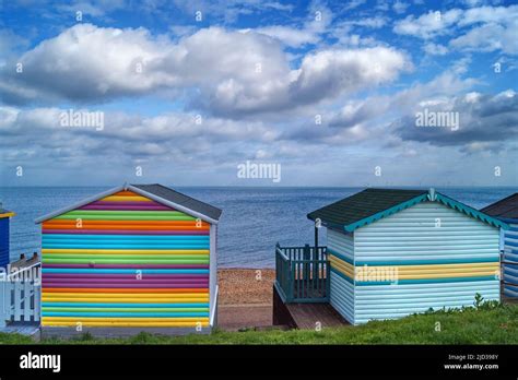 Uk Kent Tankerton Slopes Beach Huts Overlooking Beach And Sea Stock