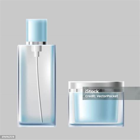 벡터 일러스트 레이 션 라이트 블루 유리 화장품 포장의 설정 3차원 형태에 대한 스톡 벡터 아트 및 기타 이미지 3차원 형태 건강관리와 의술 공란 Istock