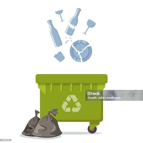 유리 세트용 녹색 재활용 쓰레기통 배너 전단지 재활용 재사용 감축을 위한 폐기물 캔 분리 올바른 쓰레기통에 유리를 버리 병 접시 유리 파편 0명에 대한 스톡 벡터 아트 및