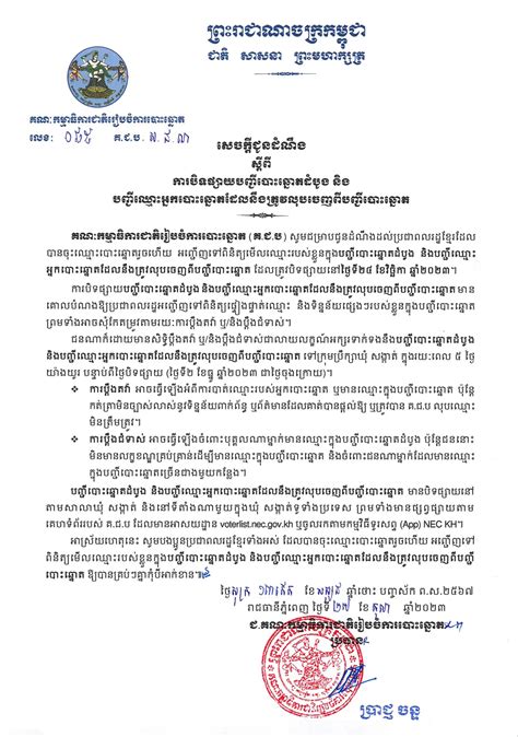 សេចក្តីជូនដំណឹងលេខ ០៨៥ គ ជ ប ស ជ ណ ស្តីពី ការបិទផ្សាយបញ្ជីបោះឆ្នោតដំបូង និង
