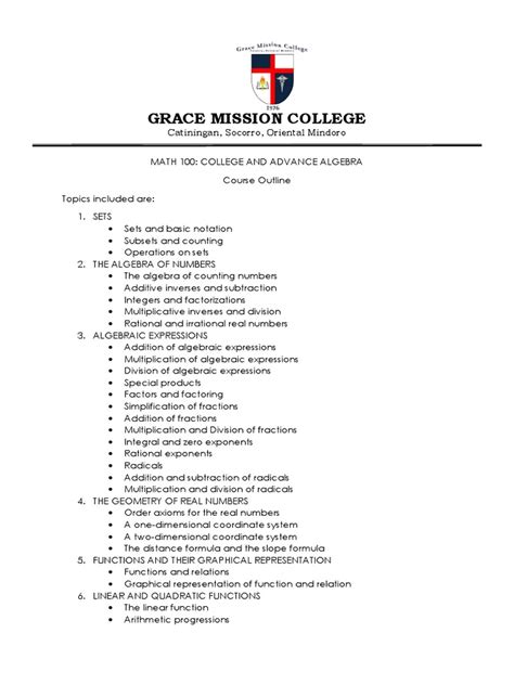 Math 100 Course Outline Pdf Function Mathematics Equations