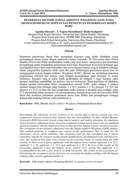 Penerapan Metode Simple Additive Weighting Saw Pada Sistem Pendukung Keputusan Penentuan