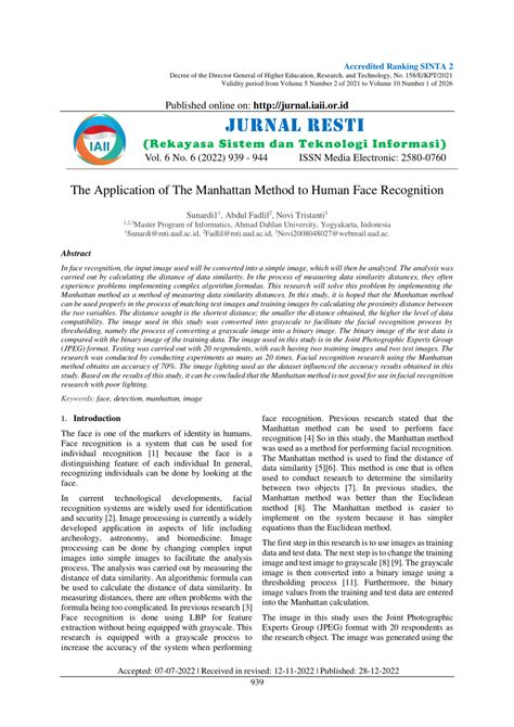 Pdf The Application Of The Manhattan Method To Human Face Recognition
