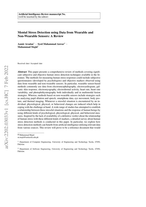 PDF Mental Stress Detection Using Data From Wearable And Non Wearable Sensors A Review