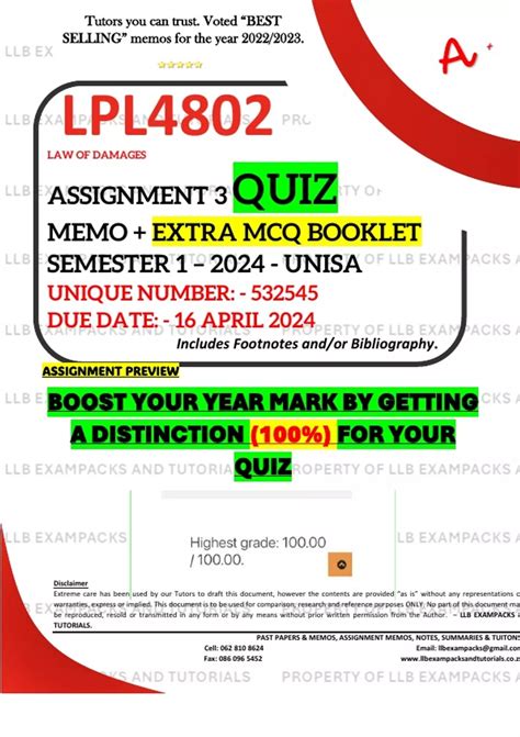 LPL4802 ASSIGNMENT 3 QUIZ MEMO SEMESTER 1 2024 UNISA DUE 16 APRIL 2024 INCLUDES EXTRA