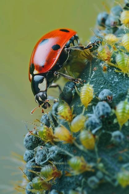 Ladybug Delicately Feeding On Aphids Illustrating Natural Predatorprey Balance The Ecosystem
