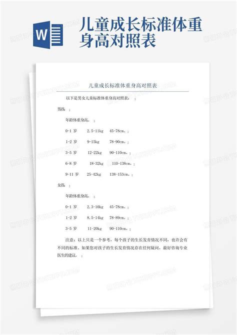 儿童成长标准体重身高对照表 Word模板下载 编号lbpemowa 熊猫办公