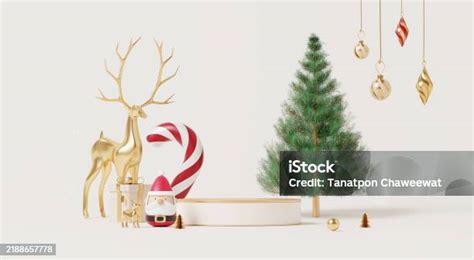 3d 렌더링 연단이 있는 크리스마스 및 새해 배경 무대 황금 순록 사탕 지팡이 소나무 장식품 산타와 함께 우아한 휴가 0명에 대한 스톡 사진 및 기타 이미지 Istock