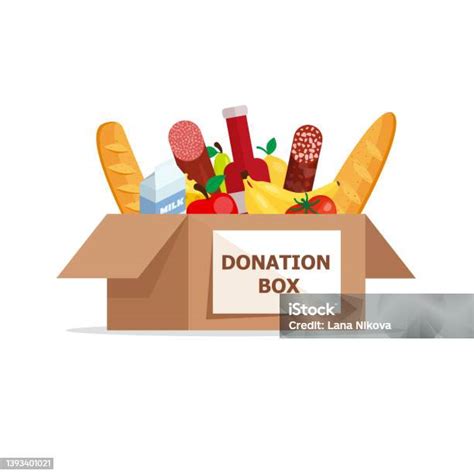 식품 및 식료품 기부 개념 자선 궁핍한 사람들을 위한 음식 기부 자원 봉사는 영양 제품으로 기부합니다 벡터 플랫 일러스트 레이 션 개념에 대한 스톡 벡터 아트 및 기타
