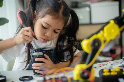 Stem Education Concept Asian Young Girl Learning Robot Design Stock Image Image Of Hispanic