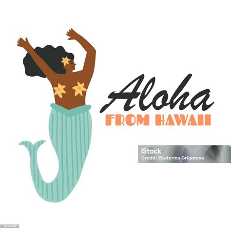 바다 백합이 춤을 추는 재미있고 귀여운 젊은 아프리카 여성 인어 손을 흔드는 십대 인어 소녀 하와이 텍스트에서 온 알로하 해저 주민 신화 생물 벡터 티셔츠 프린트 카드