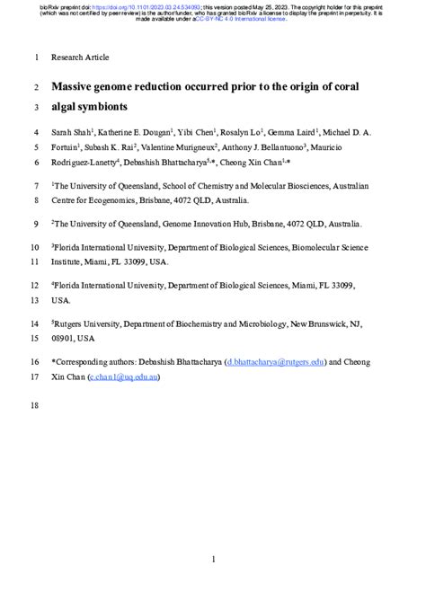 Pdf Massive Genome Reduction Occurred Prior To The Origin Of Coral Algal Symbionts