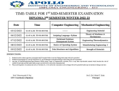 3rd Semester Diploma Mid Sem Timetable Time Table For 1 St Mid