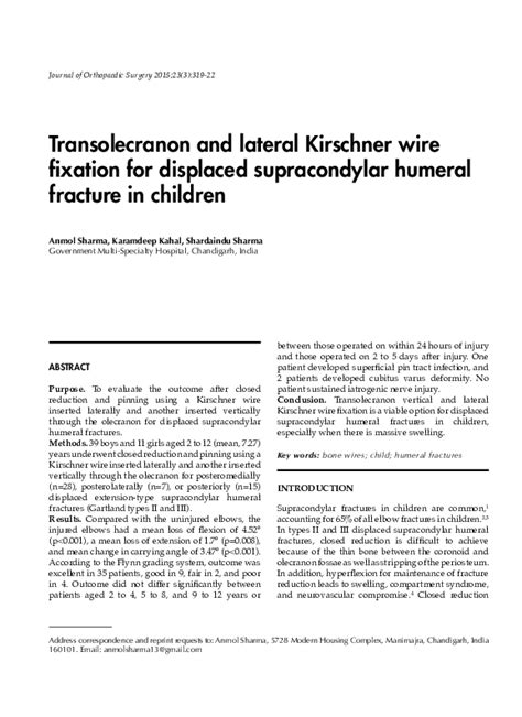 Pdf Transolecranon And Lateral Kirschner Wire Fixation For Displaced