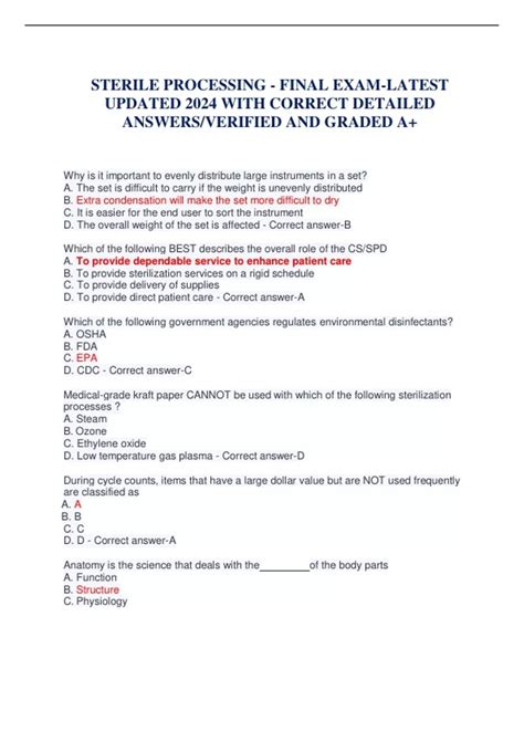 Sterile Processing Final Exam Latest Updated 2024 With Correct
