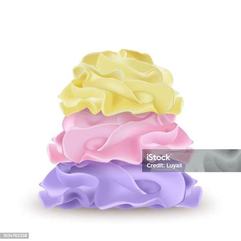 노란색 분홍색 보라색 휘 핑된 크림 케이크 컵 케 익 요구르트 아이스크림에 대 한 상세한 3d 그림 흰색 절연입니다 웹에 대 한 요소를 디자인 하거나 포장을 인쇄 합니다 3