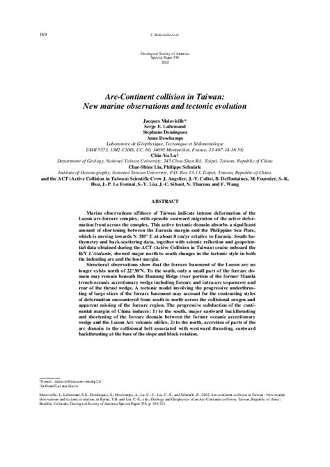 Pdf Arc Continent Collision In Taiwan New Marine Observations And Tectonic Evolution