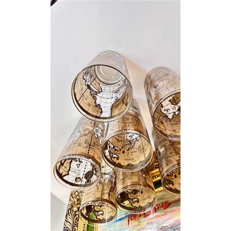 Vintage Set Of 8 Cera Old World Map Highball Drinking Glasses