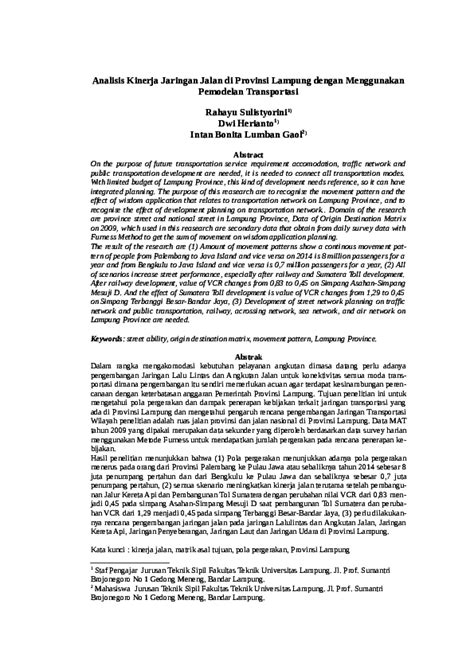 Pdf Analisis Kinerja Jaringan Jalan Di Provinsi Lampung Dengan Menggunakan Pemodelan Transportasi