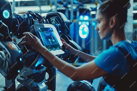 Female Engineer Working On A Futuristic Robot In A Factory Premium Ai Generated Image