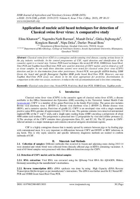 Pdf Application Of Nucleic Acid Based Techniques For Detection Of Classical Swine Fever Virus