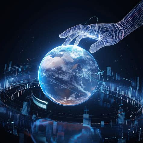 Photo Virtual Hand Interacts With Digital Planet In Coding Environment 3d Stock Illustration