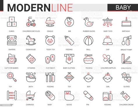 신생아 유아 용 액세서리 옷 및 장난감 출산 및 어린 시절 개요 컬렉션을위한 항목 기호의 베이비 케어 플랫 웹 아이콘 벡터 일러스트 레이션 세트 0명에 대한 스톡 벡터 아트