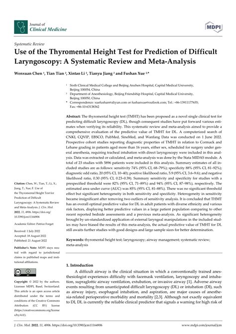 Pdf Use Of The Thyromental Height Test For Prediction Of Difficult Laryngoscopy A Systematic