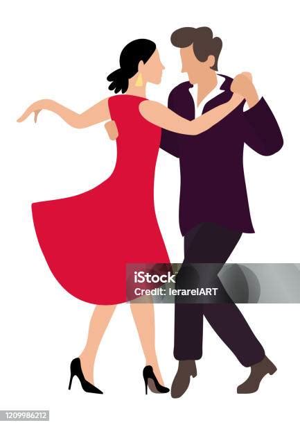 탱고 부부는 열정적 인 춤을 춤 빨간 드레스를 입은 여성과 검은 양복을 입은 남자 일련의 춤에서 일러스트레이션 댄스 학교 코스 탱고 대회 음악 축제 로고의 포스터 벡터