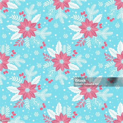 홀리 잎과 포 인 세 티아 크리스마스 트리 가지 빨간 열매와 파란색 바탕에 꽃과 크리스마스 완벽 한 패턴입니다 포장지 인사말 카드에 대 한 벡터 손 그리기 그림 0명에 대한