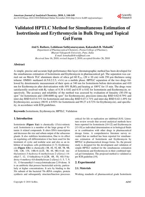 Pdf Validated Hptlc Method For Simultaneous Estimation Of Isotretinoin And Erythromycin In