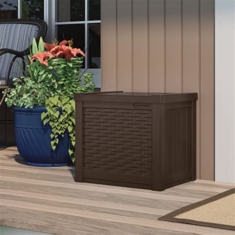 Suncast Small Resin Wicker 22 Gallon Outdoor Patio Storage Box Java