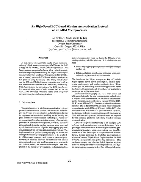 Pdf A High Speed Ecc Based Wireless Authentication On An Arm