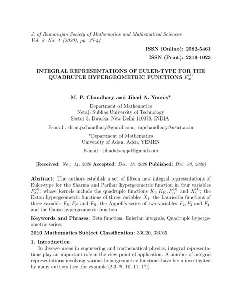 Pdf Some Integral Representations Of Euler Type For The Quadruple Hypergeometric Function F 4 20