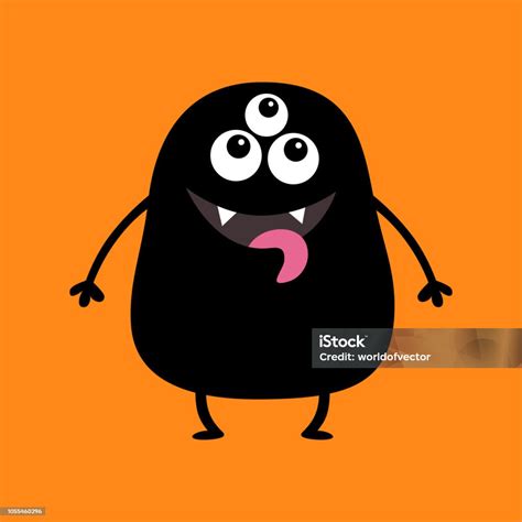검은 괴물 실루엣입니다 귀여운 만화 무서운 재미 있는 문자입니다 베이비 컬렉션입니다 3 눈 송곳 니 이빨 큰 혀 손 오렌지 배경입니다 격리 해피 할로윈 카드입니다 평면