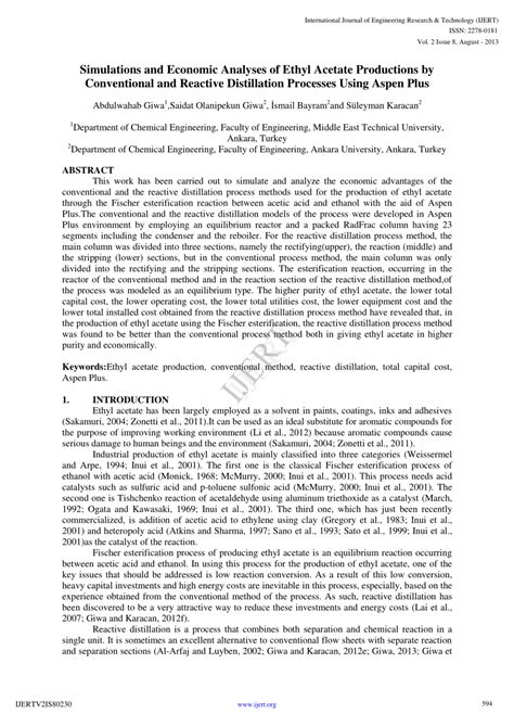 Pdf Simulations And Economic Analyses Of Ethyl Acetate Productions By Conventional And