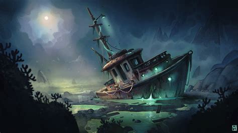 Waltjan Original Highres Abandoned Boat Cloud Dilapidated Fog Foliage Glowing Grass