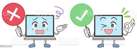 귀엽고 코믹한 노트북 컴퓨터 캐릭터 그는 정답에 대한 태그가 있습니다 귀여운에 대한 스톡 벡터 아트 및 기타 이미지 귀여운 노트북 등급매기기 Istock