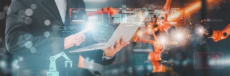 Industry Engineer In Factoryusing Smart Tablet Glass Devicecontrol Automated Robot Arm Machine