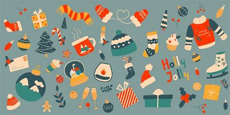 인사말 카드에 대한 빈티지 크리스마스와 새해 요소의 집합입니다 손으로 그린 낙서 장식 패턴 장식품 선물 상자 공 스웨터 크리스마스 스타킹 양초 모자 나무 머그잔 디저트