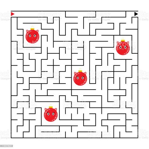 귀여운 색상 만화 캐릭터와 추상 사각형 미로 아름다운 크리스마스 공입니다 아이들을위한 흥미롭고 유용한 게임 흰색 배경에 격리 된 간단한 평면 벡터 그림입니다 개념에 대한