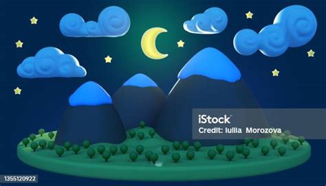 산과 만화 밤 자연 풍경 다채로운 현대 미니멀 콘셉트 렌더링 양식에 일치시키는 재미있는 아이들 점토 플라스틱 또는 나무 장난감 사실적인 패션 3d 일러스트레이션 개념에 대한